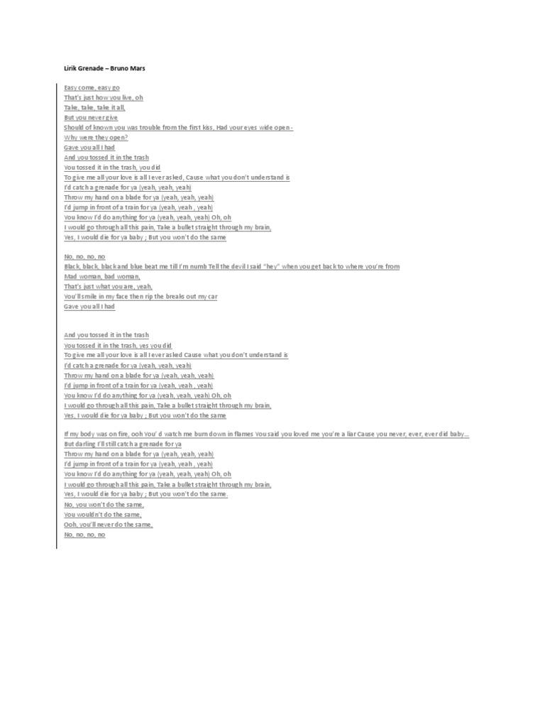 Lirik Grenade - Bruno Mars | PDF | Songs | Singles (Music)