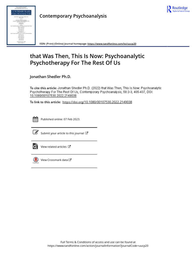 Shedler 2022 That Was Then This Is Now Psychoanalytic Psychotherapy For ...