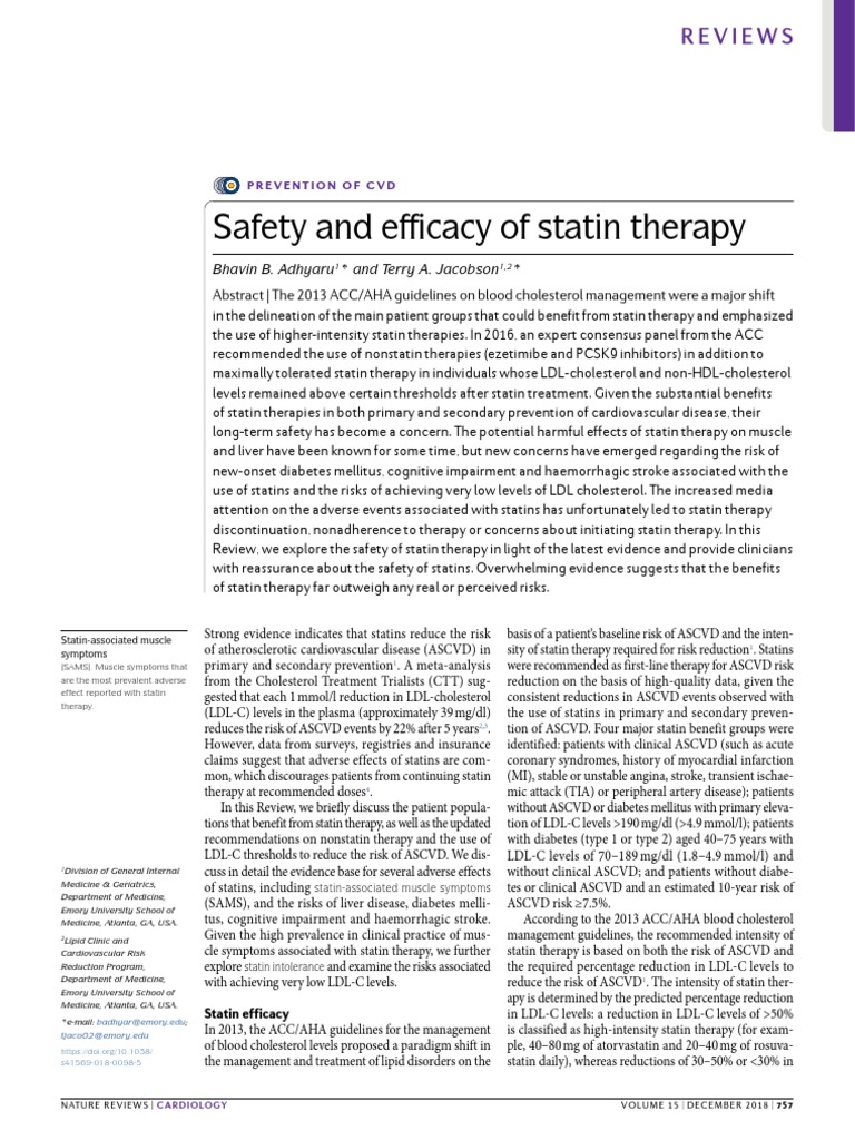 Safety and Efficacy of Statin Therapy | PDF | Statin | Coronary Artery ...