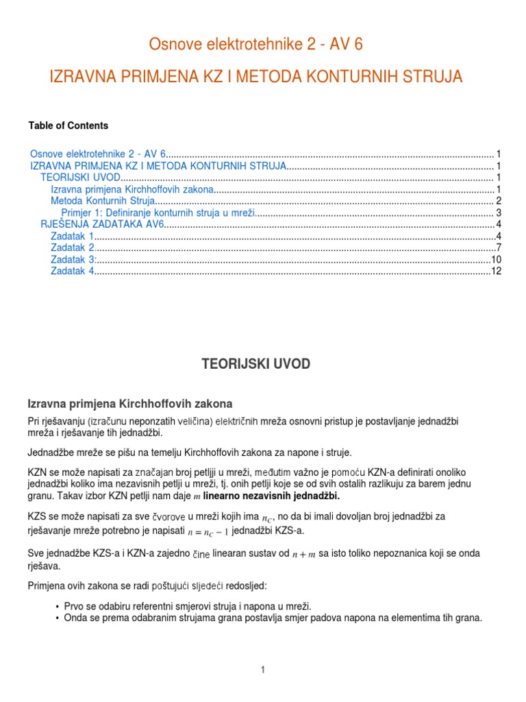 Osnove Elektrotehnike 2 - AV 6 Izravna Primjena KZ I Metoda Konturnih Struja | PDF