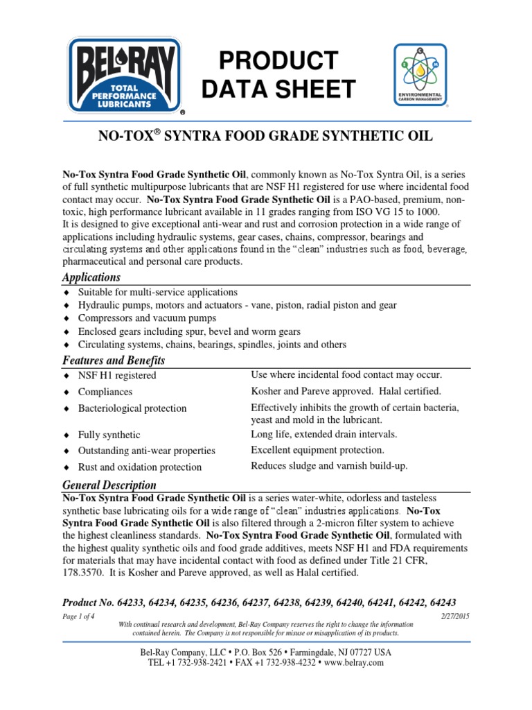 Bel-Ray No-Tox Syntra Food Grade Synthetic Oil | PDF
