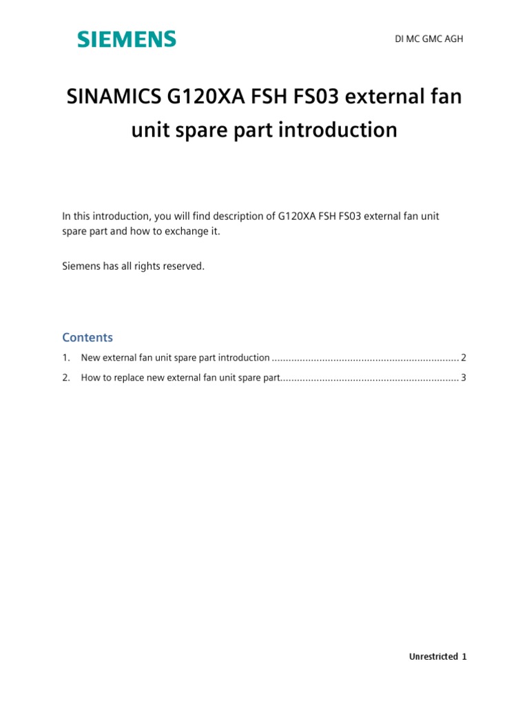 SINAMICS G120XA FSH FS03 External Fan Unit Spare Part Introduction | PDF