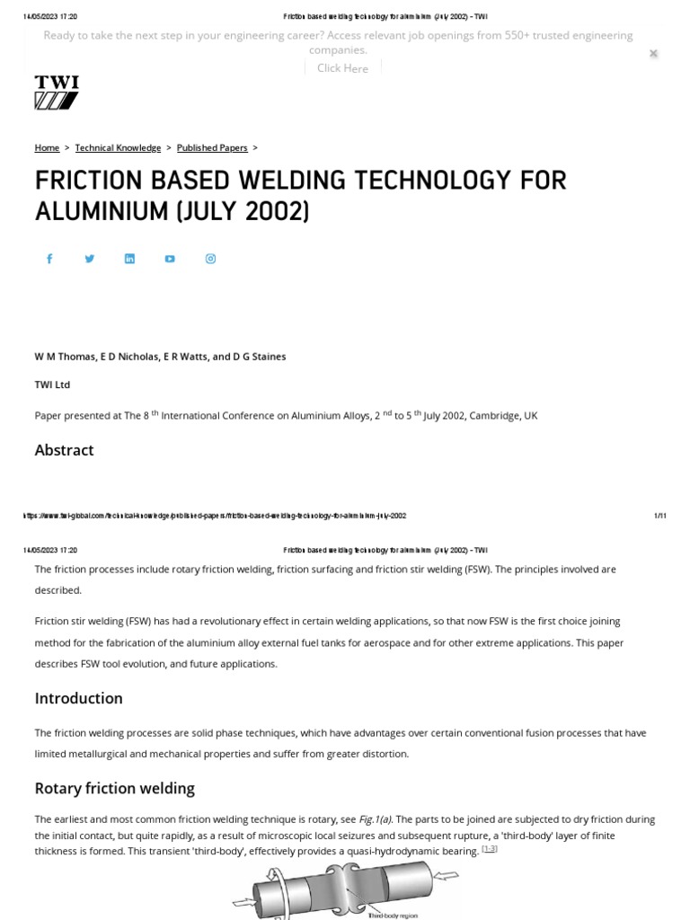 Friction Based Welding Technology For Aluminium (July 2002) - TWI ...