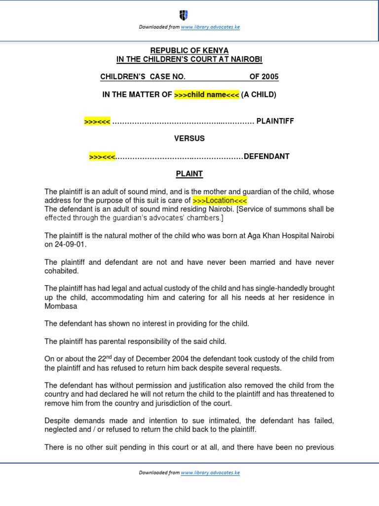 Childrens Custody Plaint | PDF