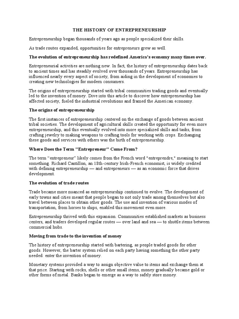 Evolution of Entrepreneurship History | PDF | Entrepreneurship ...