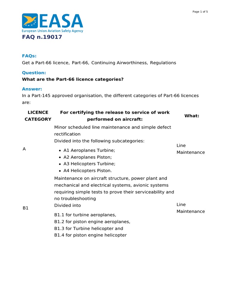 EASA - What Are The Part66 Licence Categories | PDF | Aircraft | Airplane