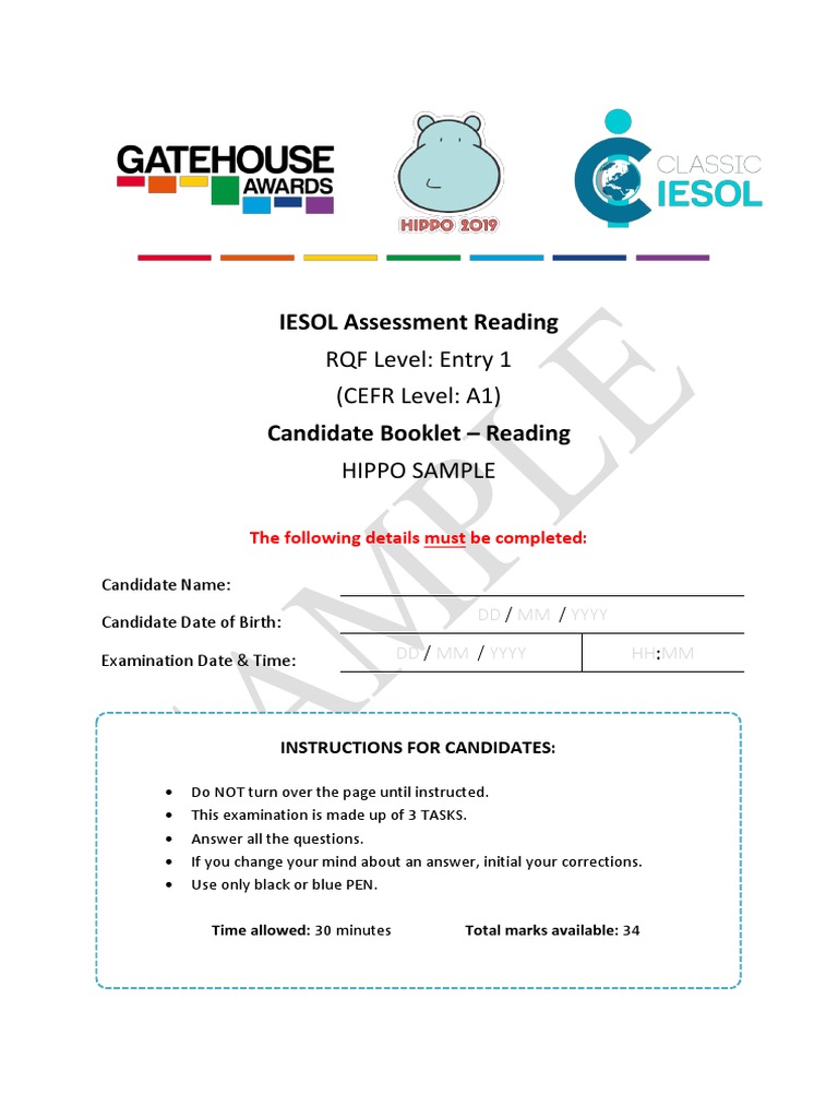 GA Classic IESOL A1 (E1) Candidate Booklet Reading HIPPO Sample | PDF