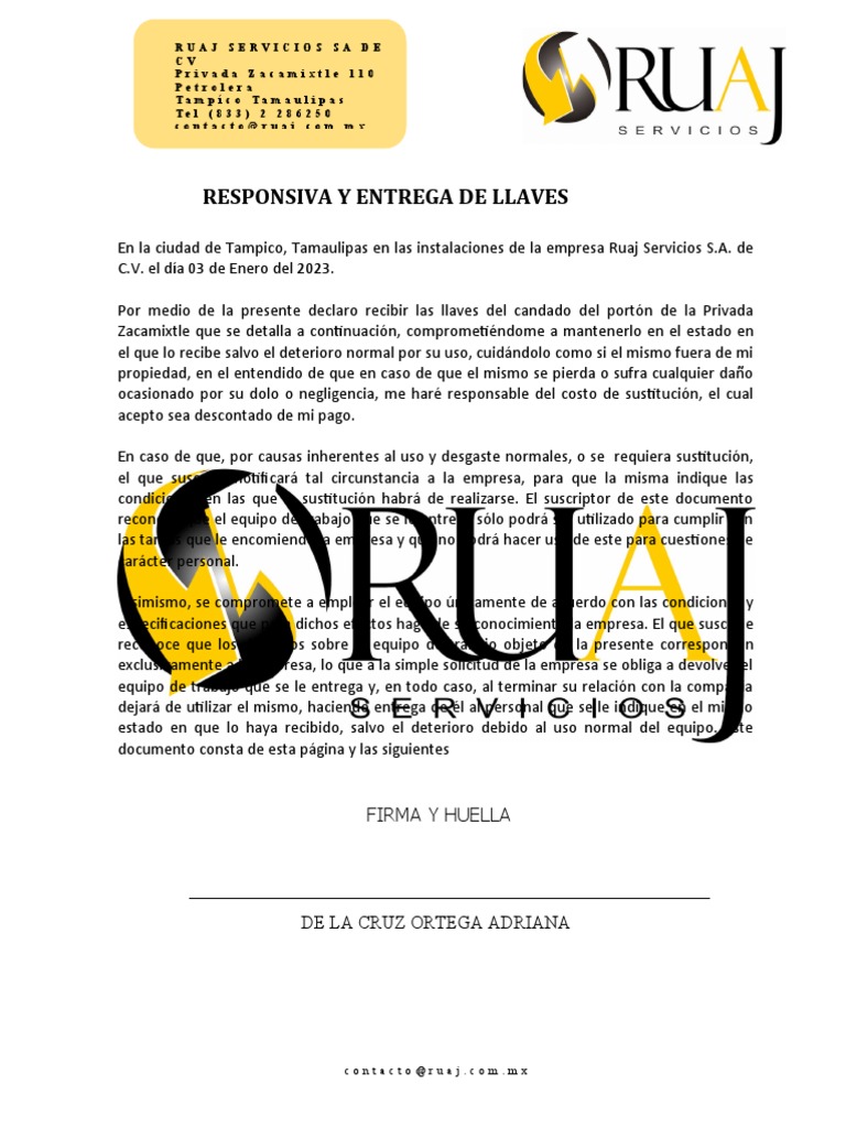 RESPONSIVA LLAVES RUAJ | PDF