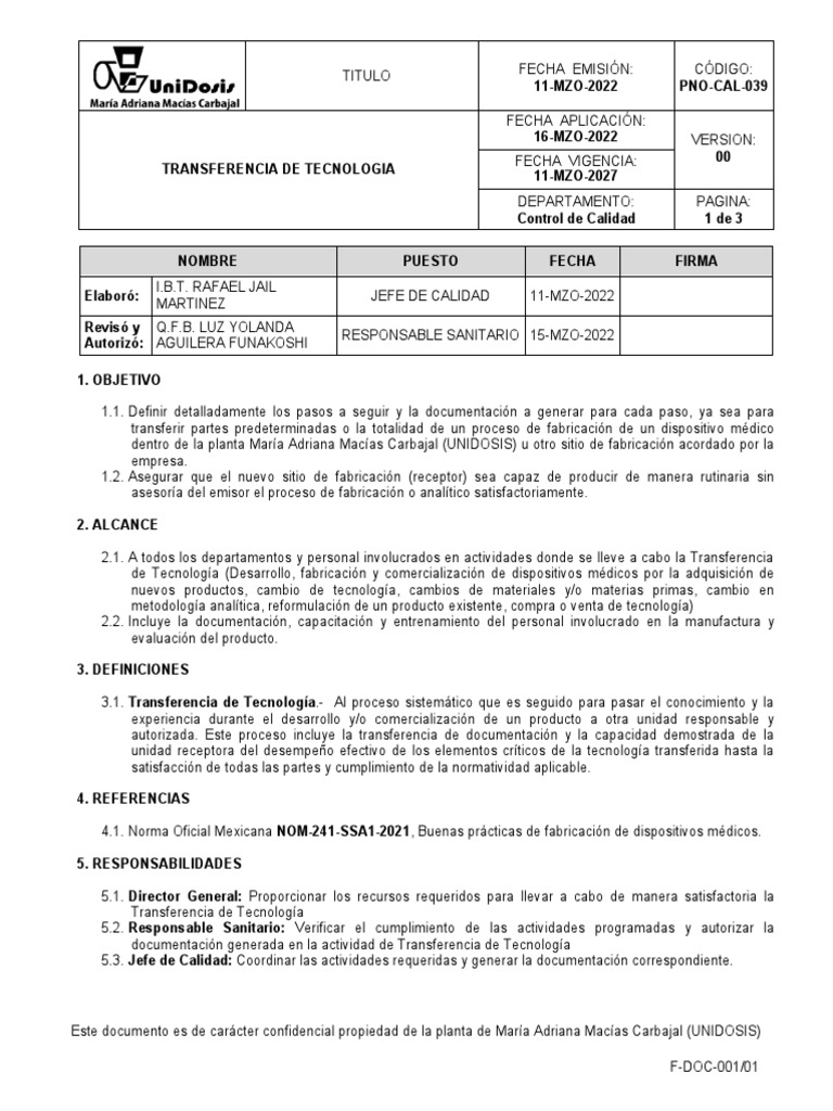 V00 PNO-CAL-039 Transferencia de Tecnologia | PDF | Transferencia ...