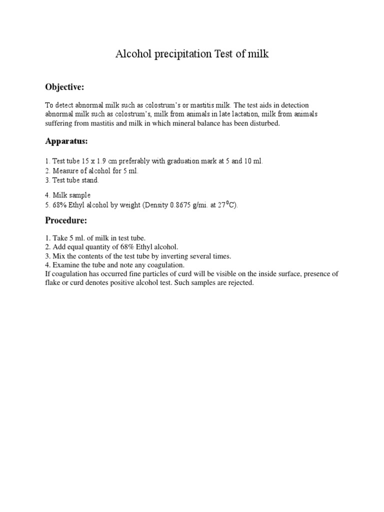 Alcohol Precipitation Test of Milk | PDF