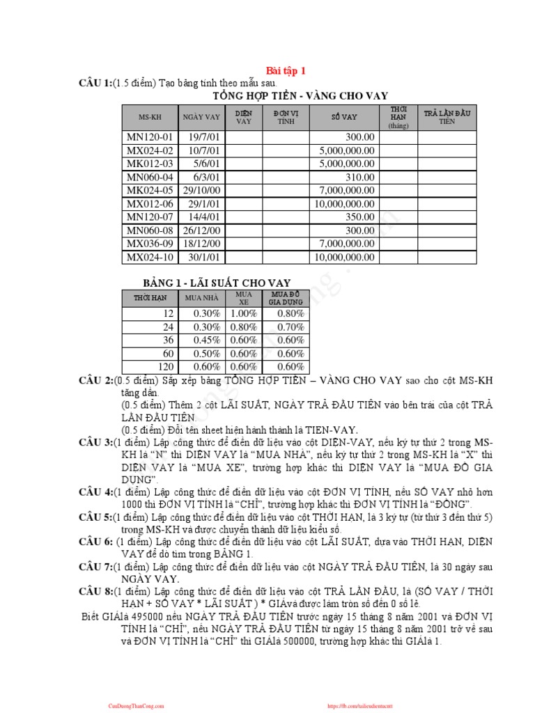 Tin Hoc Co So Bai Tap Excel [Cuuduongthancong.com] | PDF