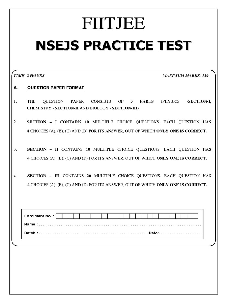 Nsejs Practice Test Fiitjee | Download Free PDF | Dominance (Genetics ... Nsejs Practice Test Fiitjee | Download Free PDF | Dominance (Genetics ...