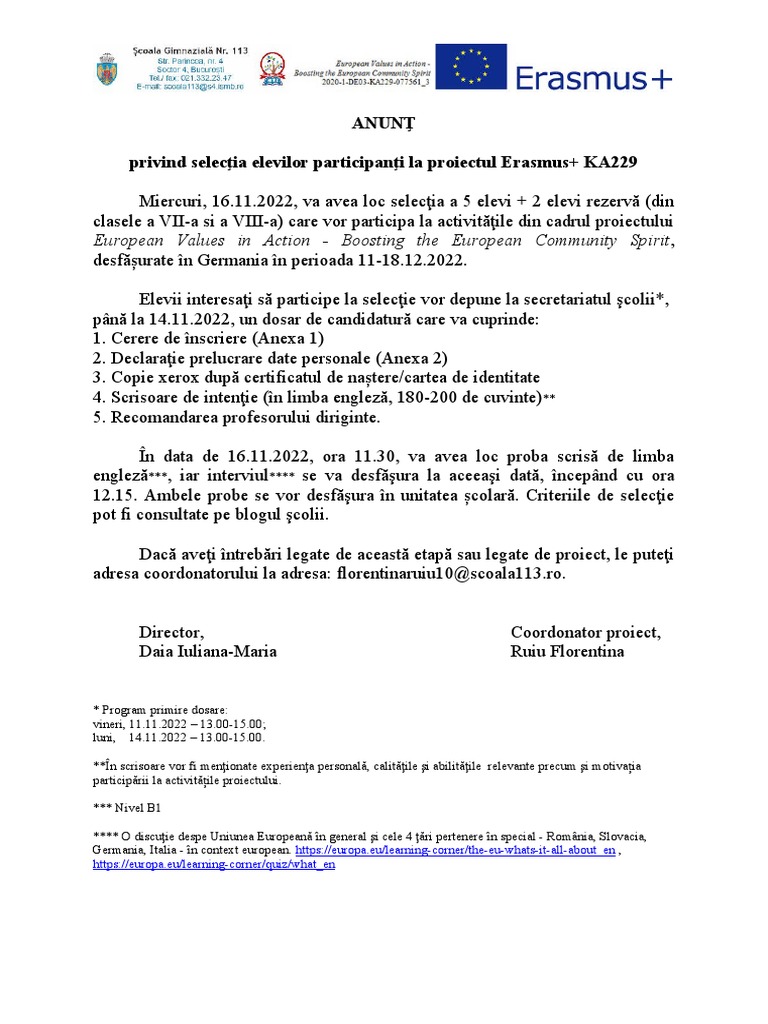 Anunt Selectie Elevi 2022 | PDF