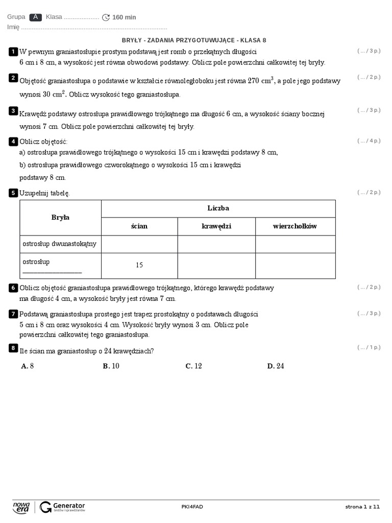 BRYŁY ZADANIA PRZYGOTUWUJĄCE KLASA 8 Test Ekowydruk | PDF