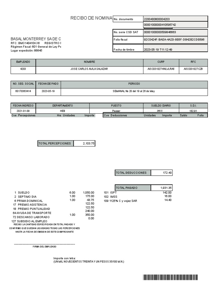 Recibo de Nomina: Basal Monterrey Sa de CV | PDF
