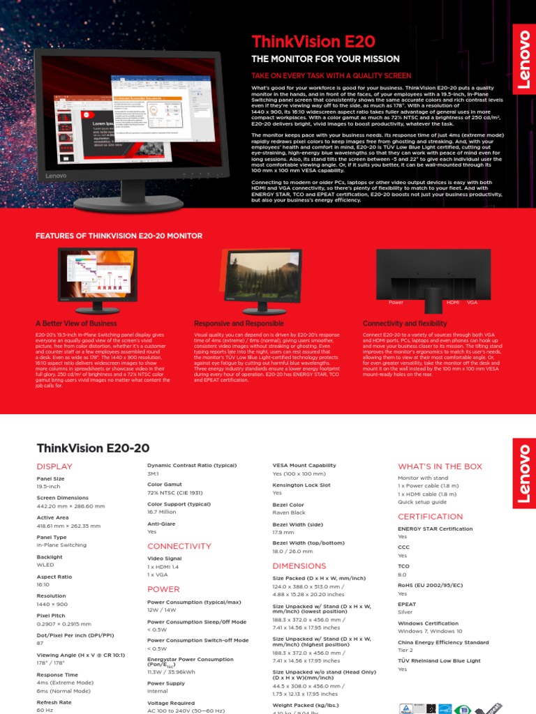 ThinkVision E20-20 - Datasheet | PDF | Computer Monitor | Usb