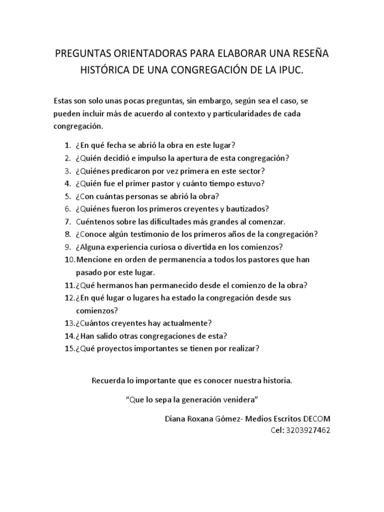Preguntas Orientadoras para Elaborar Una Reseña Histórica de Una Congregación de La Ipuc | PDF