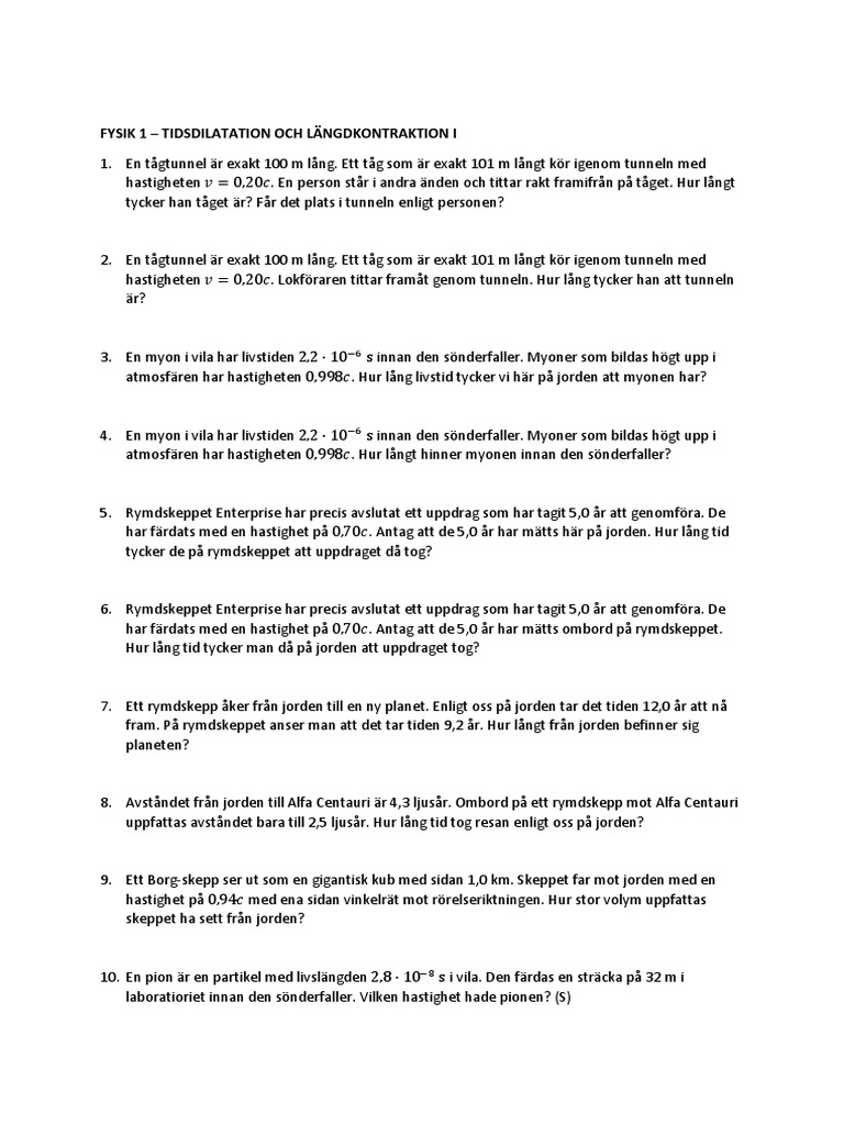 Fysik 1 - Tidsdilatation och längdkontraktion I (1) | PDF