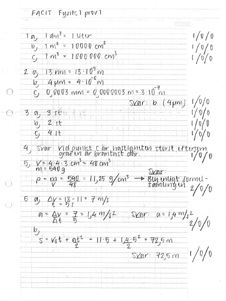 Prov Fysik 1 HT 2012 (Kap 1, 2, 3 I Impuls) FACIT Frisläppt | PDF