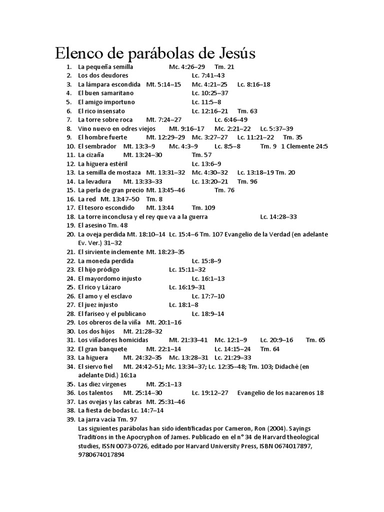Lista de Parábolas de Jesús | PDF | Parábolas de Jesús | Nuevo Testamento