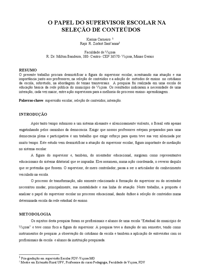 O Papel Do Supervisor Escolar Na Selecao de Conteudos | PDF | Escolas | Pedagogia
