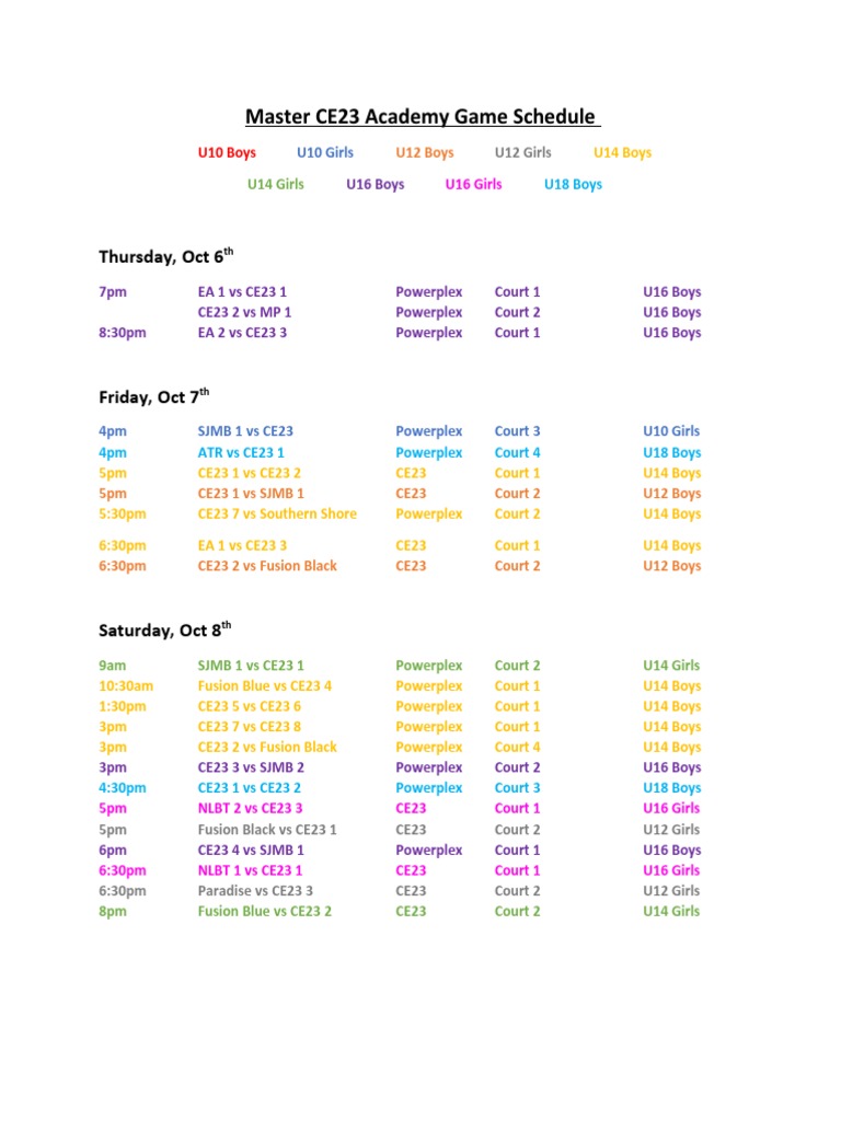Master CE23 Academy Game Schedule | PDF