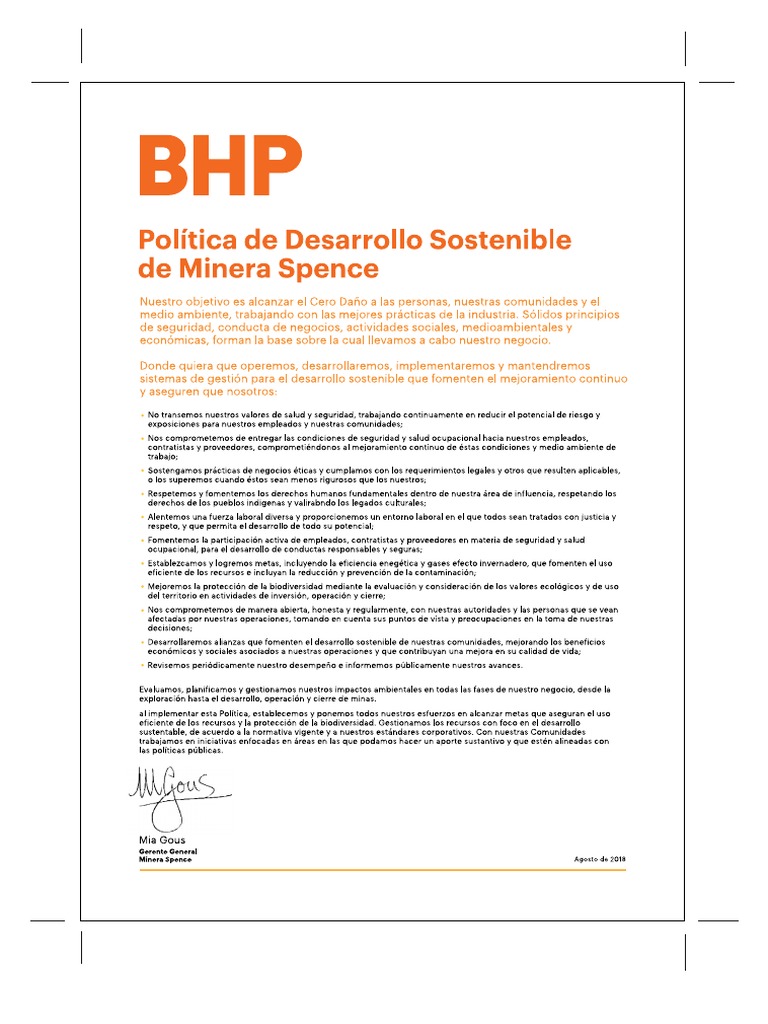 Política de Desarrollo Sostenible BHP | PDF