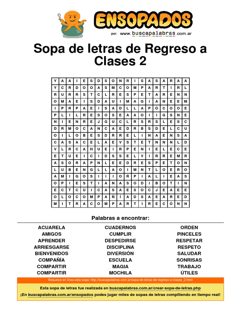 Sopa de Letras de Regreso A Clases - 2 | PDF