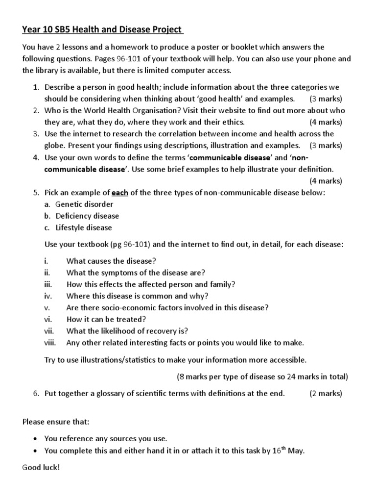 Year 10 SB5 Health and Disease Project %281%29 | PDF