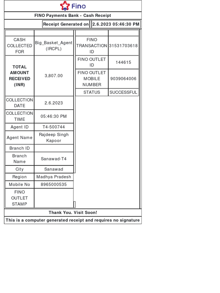 Cash Collection Receipt for Big Basket | PDF