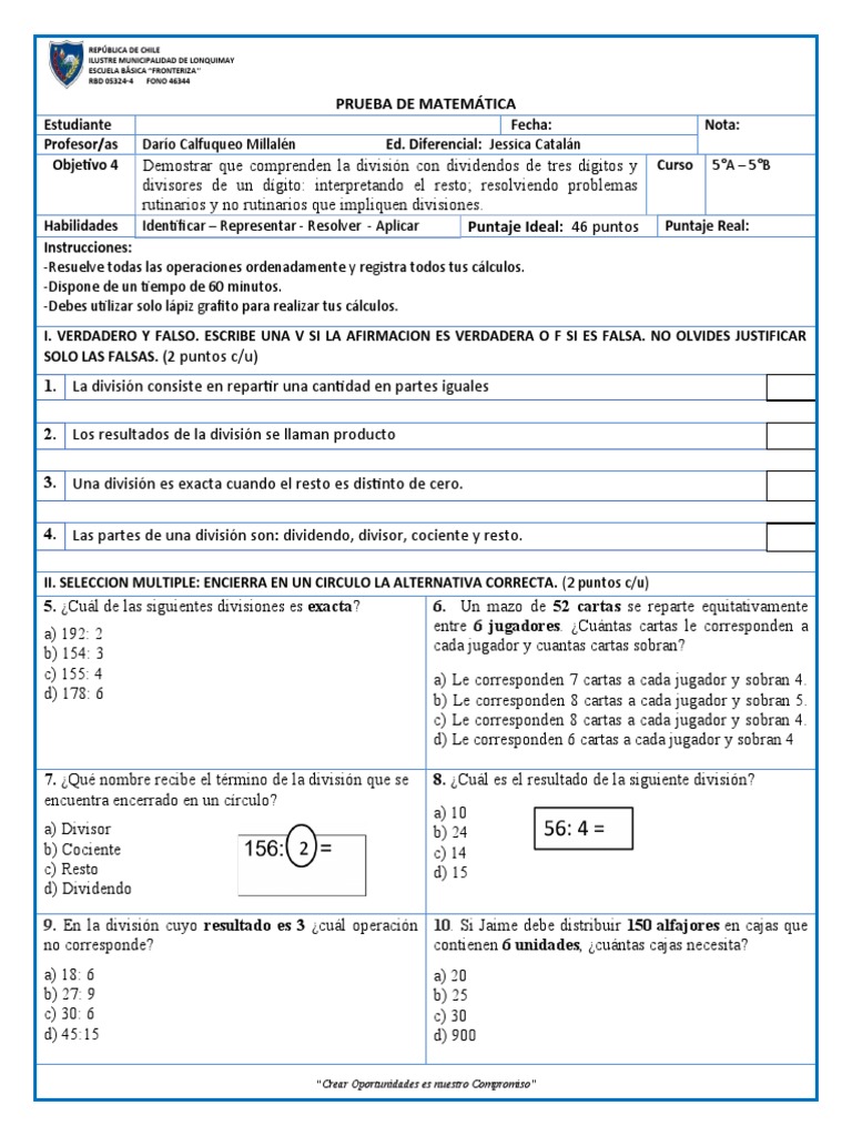 Problemas de División para 5° Básico | PDF | División (Matemáticas ...