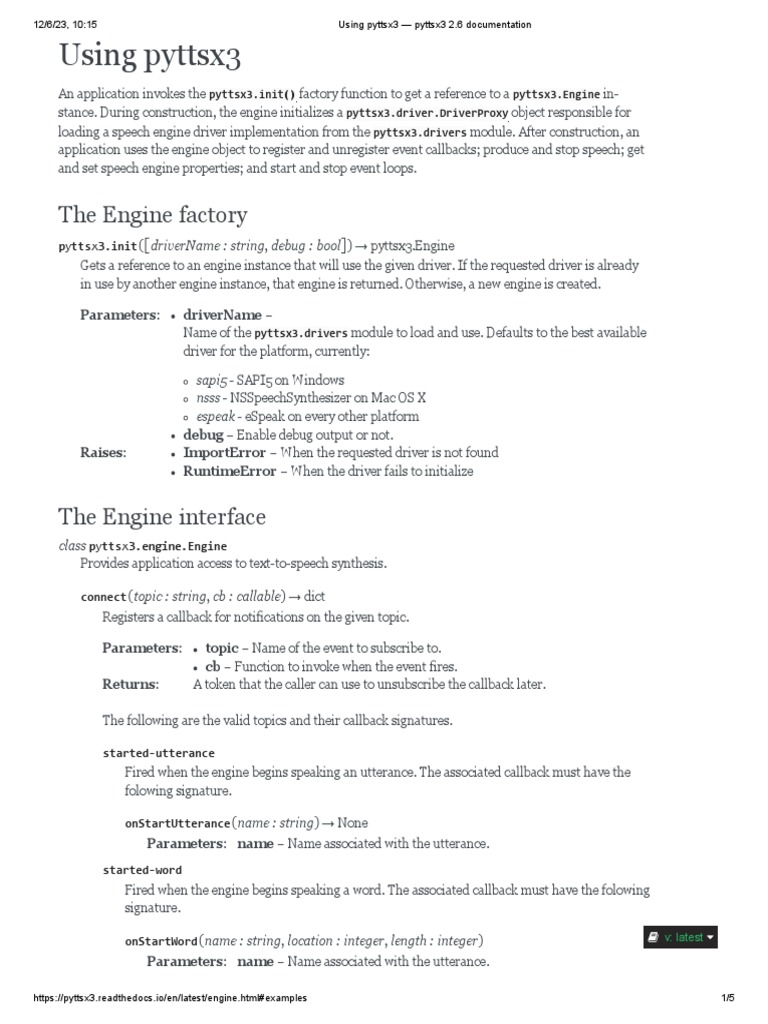 Using Pyttsx3 - Pyttsx3 2.6 Documentation | PDF | Parameter (Computer ...