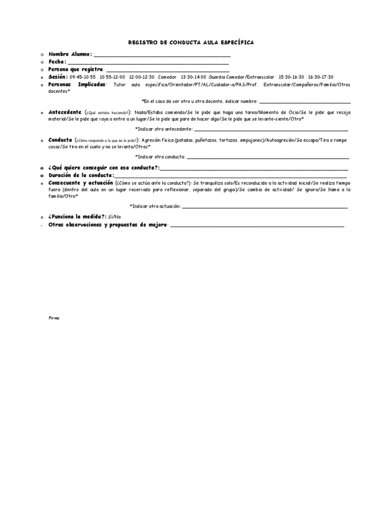 Registro de Conducta Aula Específica | PDF