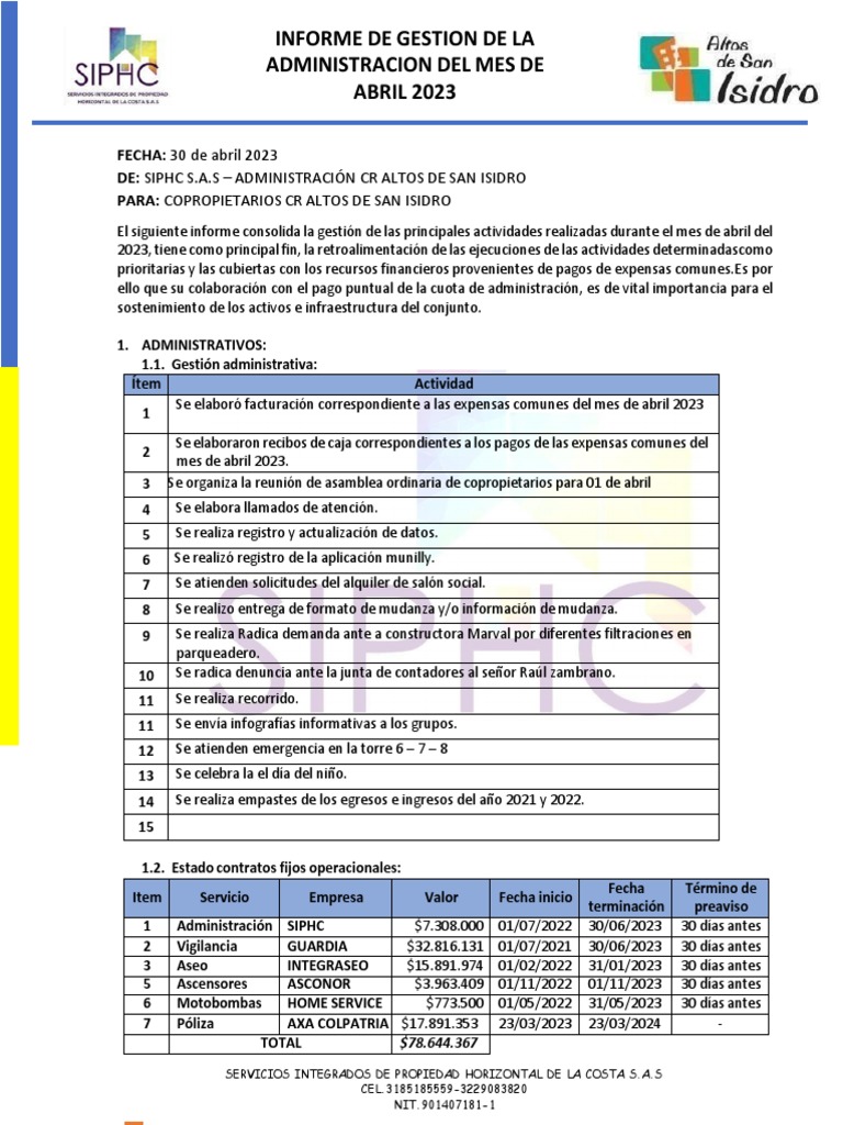 Informe Admon Mes de Abril 2023 | PDF