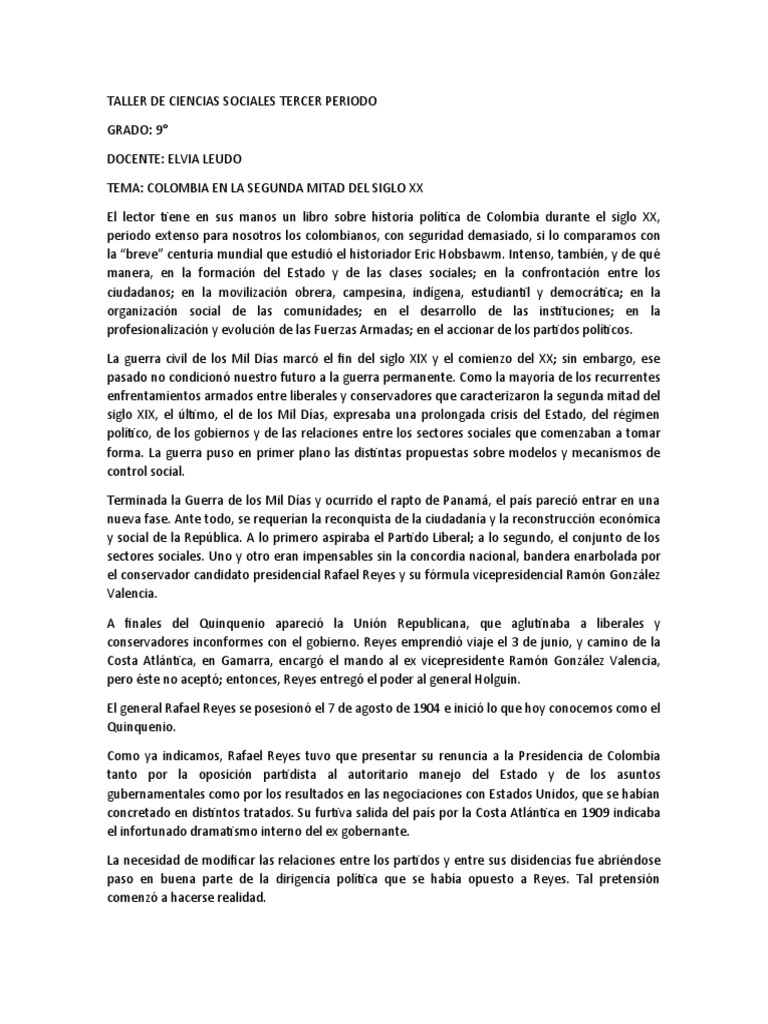 Taller de Ciencias Sociales Tercer Periodo 9° Nuevo | PDF