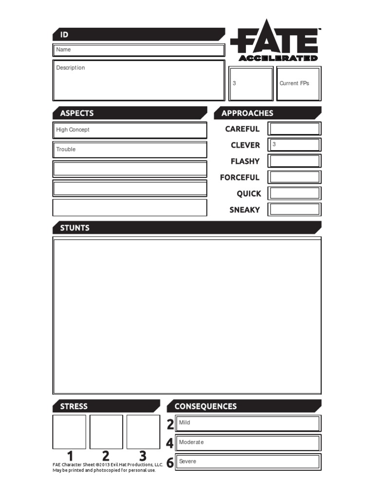 Fillable Fate Accelerated Character Sheet | PDF