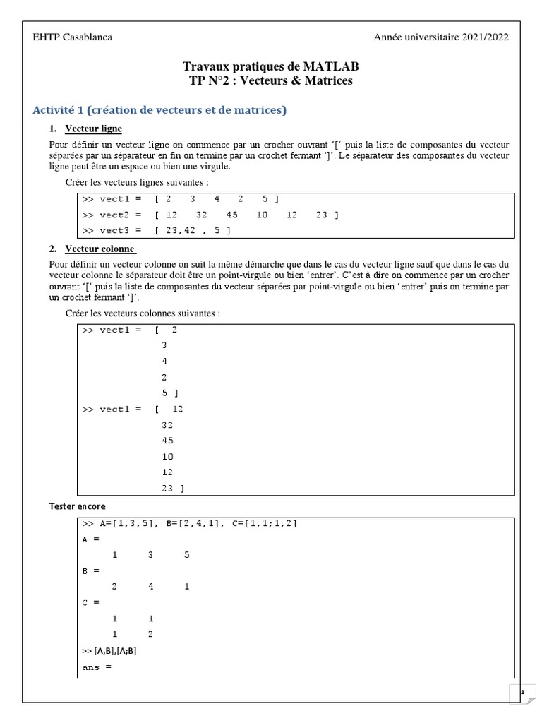 Matlab - TP2 - Vercteurs Et Matrices | PDF | Matrice (Mathématiques) | Valeur propre, vecteur ...