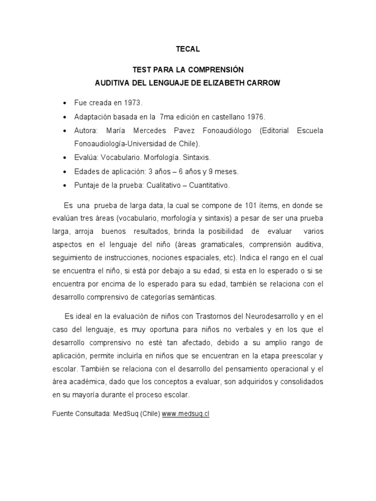 Evaluación Auditiva Infantil: Test TECAL | PDF | Artes del Lenguaje y ...
