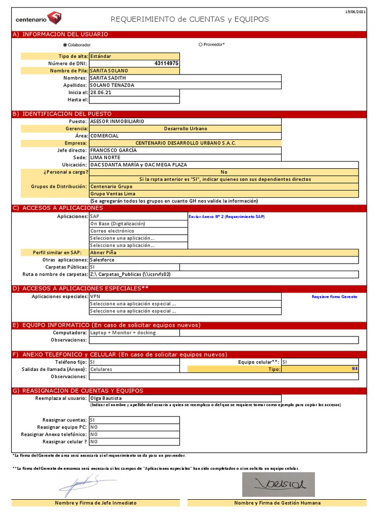Nuevo Formato - Req. Cuentas y Equipos Centenario - Sarita Solano | PDF | Software de la ...