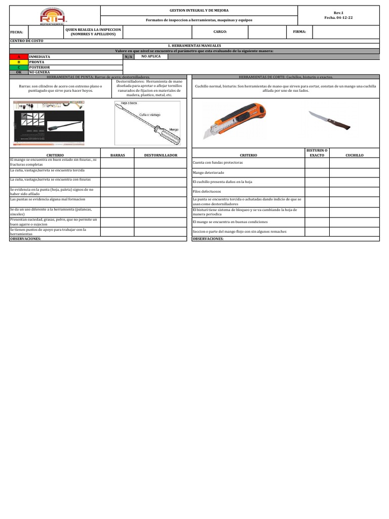 Formatos de Inspeccion Herramientas para Obra | PDF | Herramientas | Cuchillo
