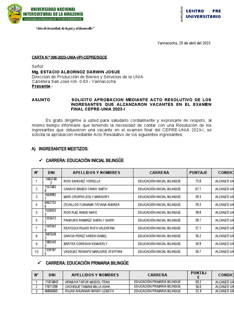 CARTA #006 Acto Resolutivo Ingresantes | PDF