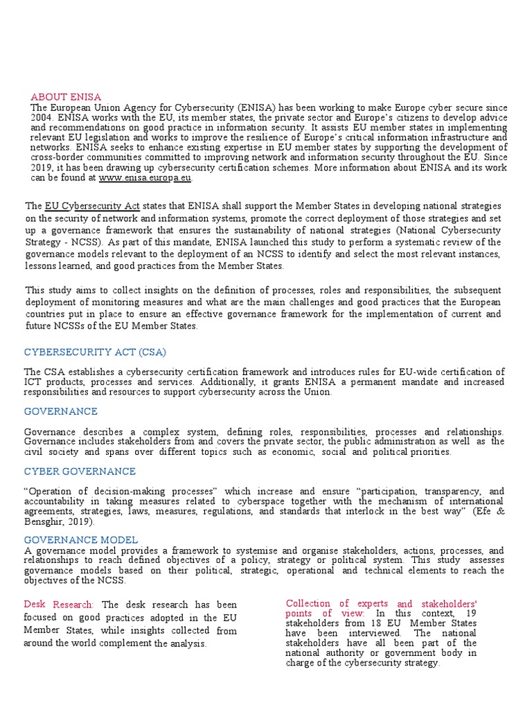 ENISA Frameworks For Cybersecurity Strategies 1677750239 | PDF | Governance | Computer Security