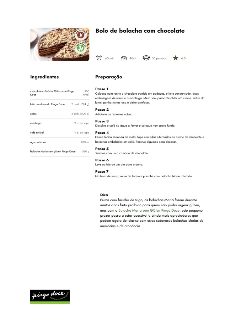 Bolo de bolacha com chocolate _ Receitas _ Pingo Doce | PDF | Chocolate ...