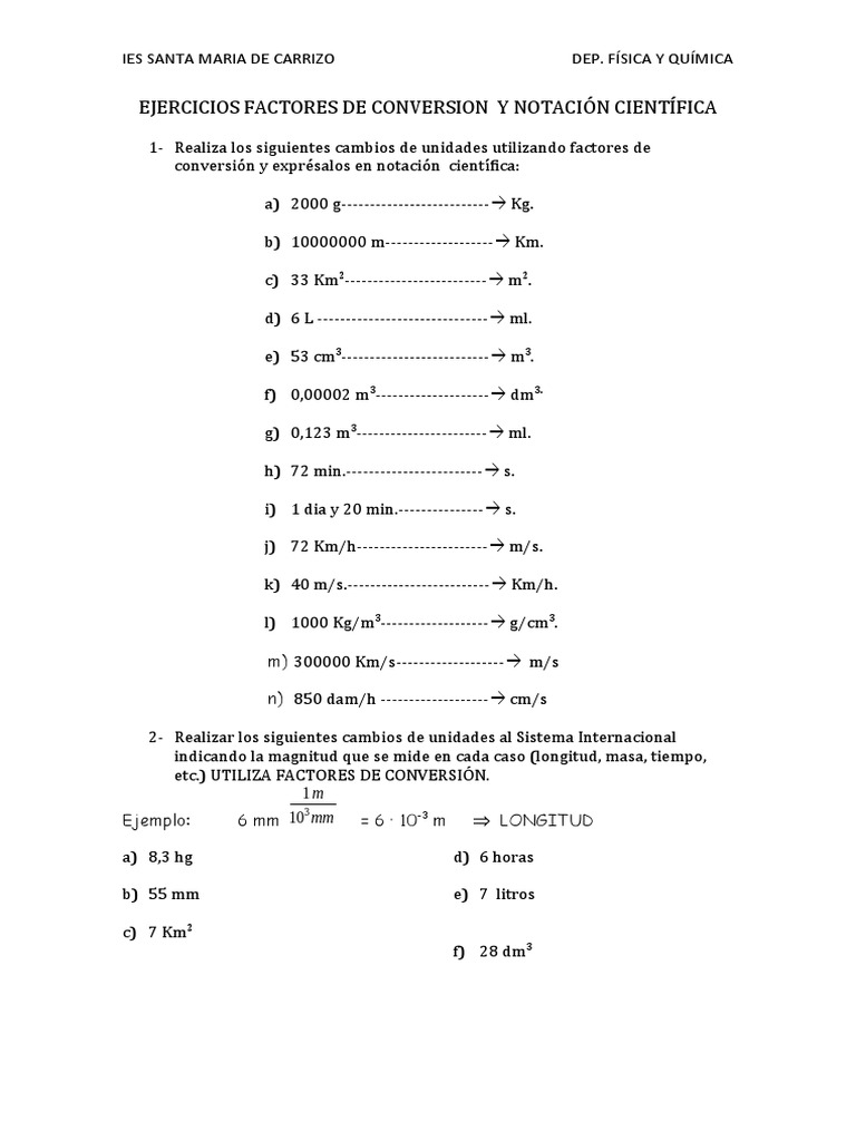Ejercicios Factores de Conversion y Notación Científica | PDF