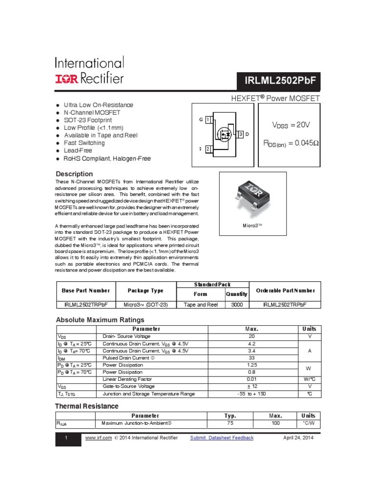 Infineon IRLML2502 DataSheet v01 - 01 EN | PDF | Mosfet | Field Effect Transistor
