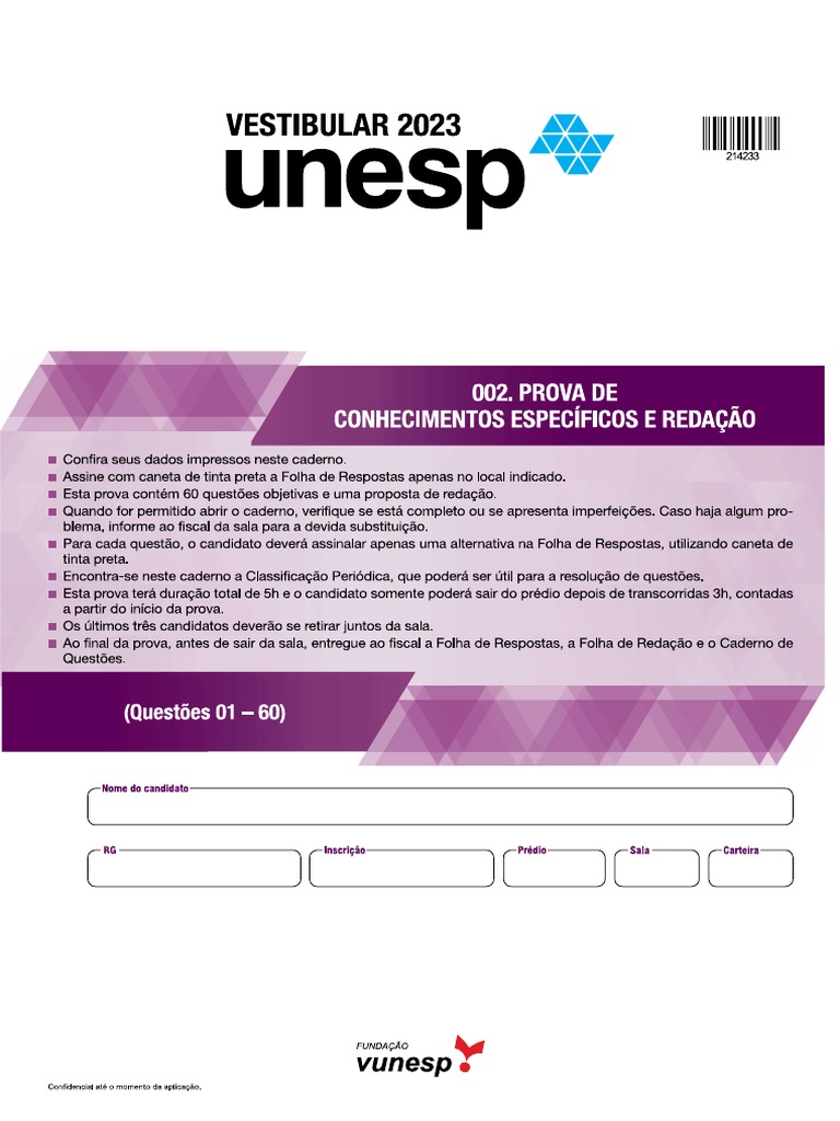 Prova Segunda Fase Unesp 2023 | PDF