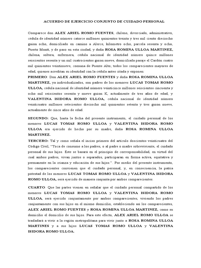 Minuta Cuidado Personal Compartido Alex Romo y Rosa Ulloa v2. | PDF