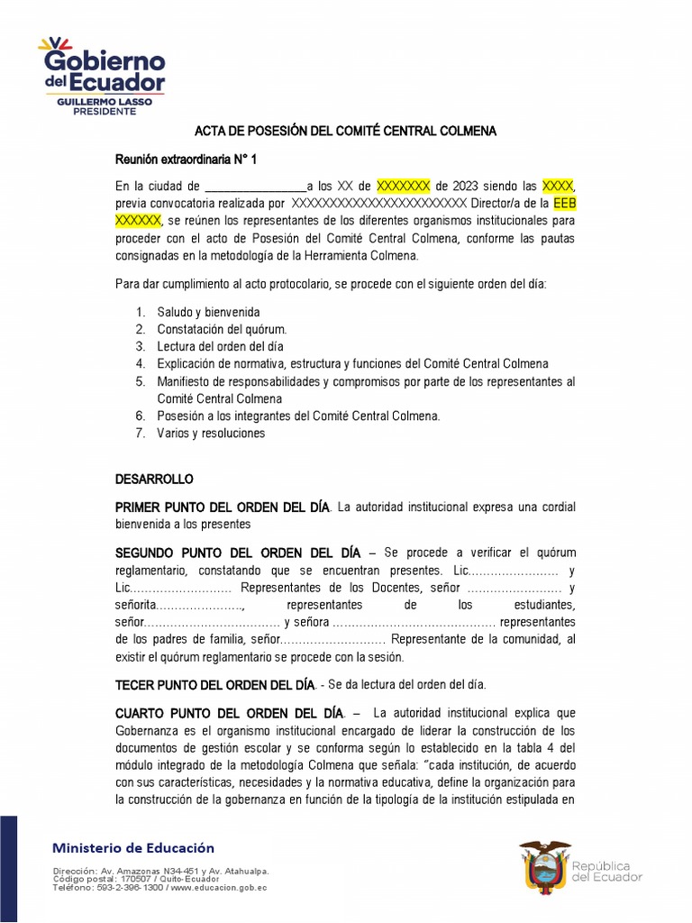 Acta de Conformación de Comité Central Colmena | PDF
