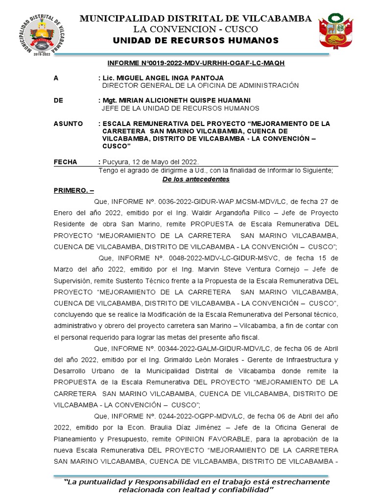 Informe N°. 019-2022 - Opinion de Escala Remunerativa | PDF