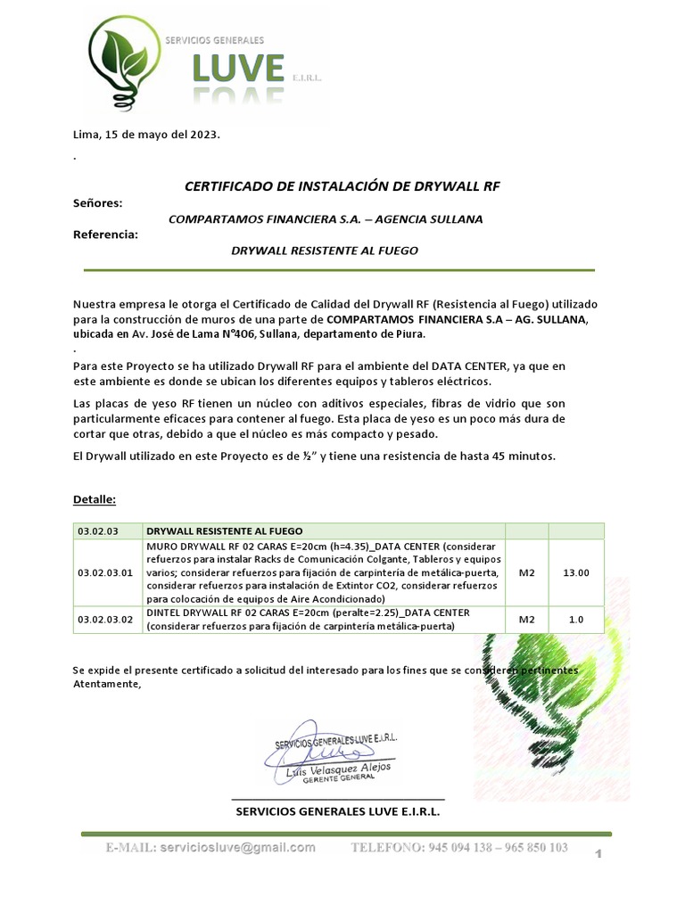 Certificado de Drywall RF Resistente al Fuego | PDF | Tecnología